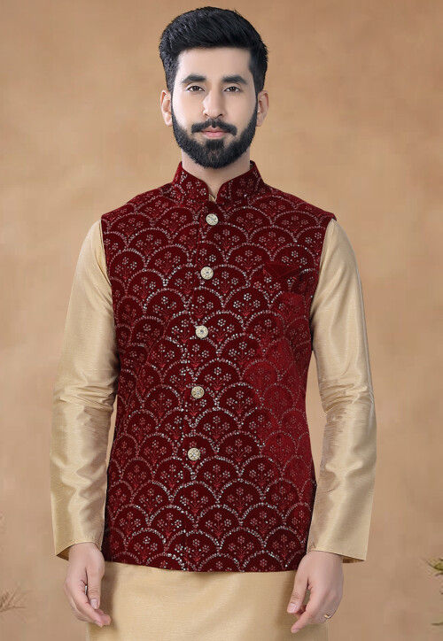 Buy Embroidered Velvet Nehru Jacket in Maroon Online : MUY2311 - Utsav ...