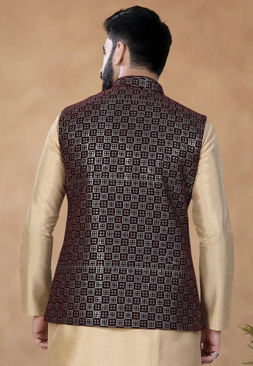 Buy Embroidered Velvet Nehru Jacket in Maroon Online : MUY2312 - Utsav ...
