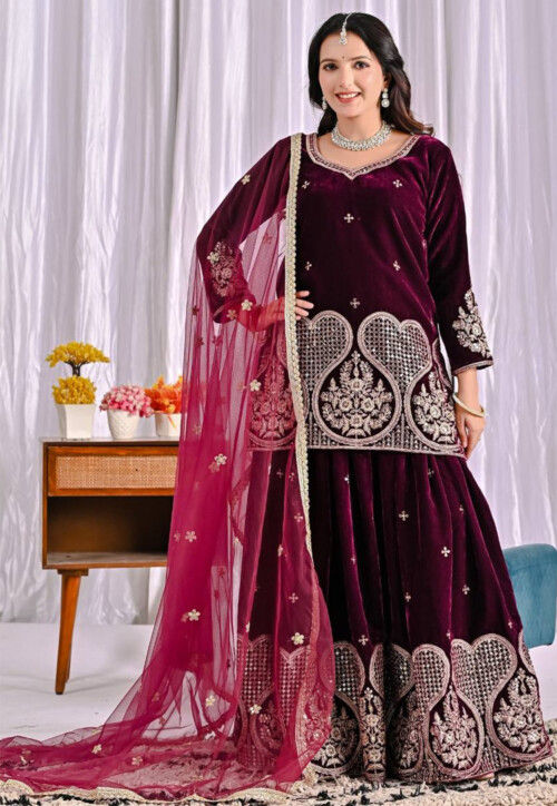 Buy Embroidered Velvet Pakistani Suit in Wine Online : KBNQ7316 - Utsav ...