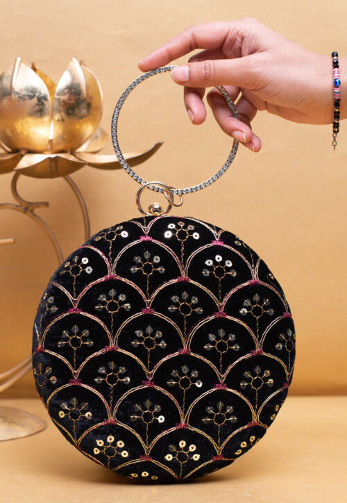 Buy Embroidered Velvet Round Clutch Bag in Black Online : DVN3306 ...