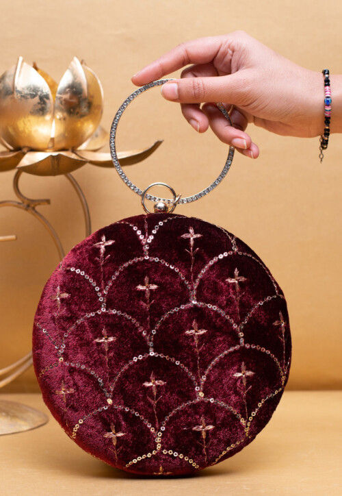 Buy Embroidered Velvet Round Clutch Bag in Maroon Online : DVN3317 - Utsav Fashion