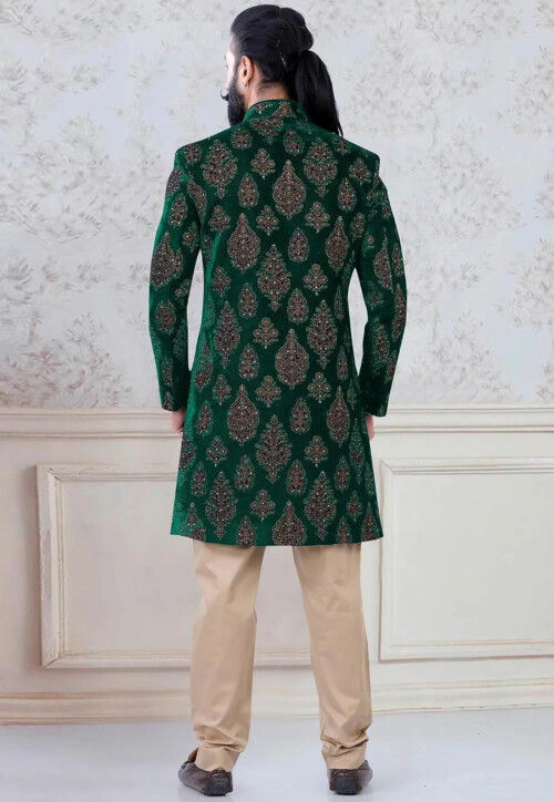 Buy Embroidered Velvet Sherwani in Dark Green Online : MUY314 - Utsav ...