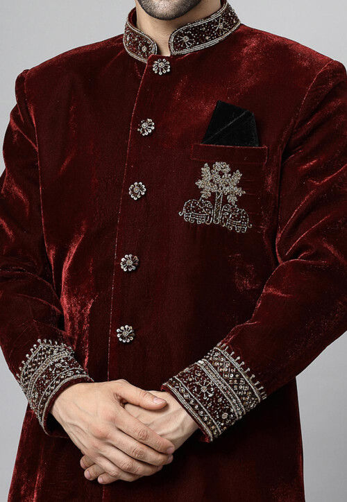 Buy Embroidered Velvet Sherwani in Maroon Online : MXX1038 - Utsav Fashion