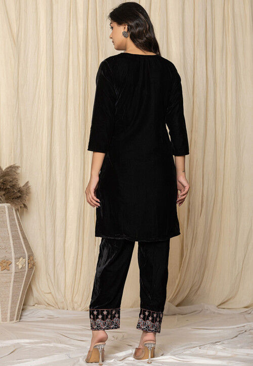 Buy Embroidered Velvet Straight Kurta Set in Black Online : TXR1258 ...