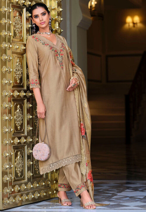 Buy Embroidered Viscose Silk A Line Suit in Beige Online : KVG860 ...