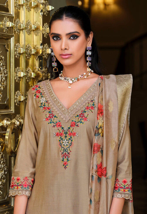 Buy Embroidered Viscose Silk A Line Suit in Beige Online : KVG860 ...