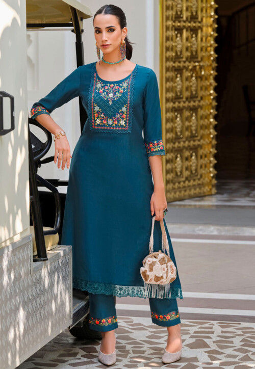Buy Embroidered Viscose Silk Pakistani Suit in Teal Blue Online ...