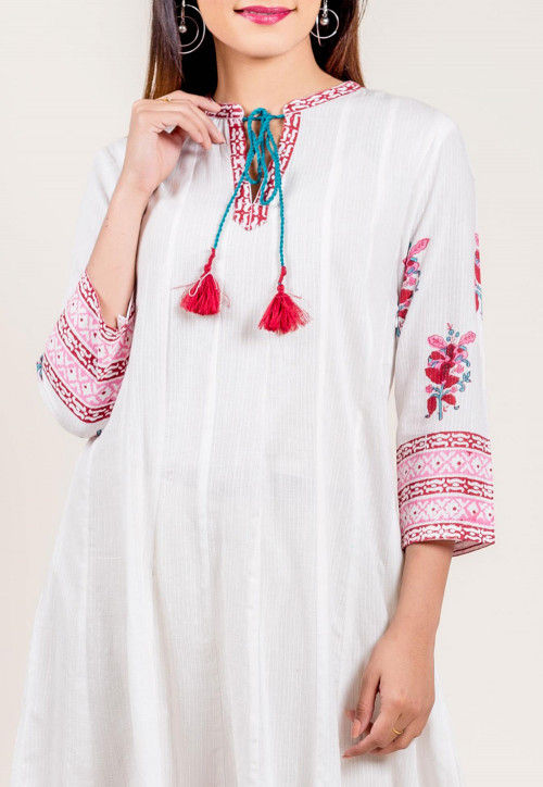Buy Floral Printed Cotton Anarkali Kurta In White Online Tqm236