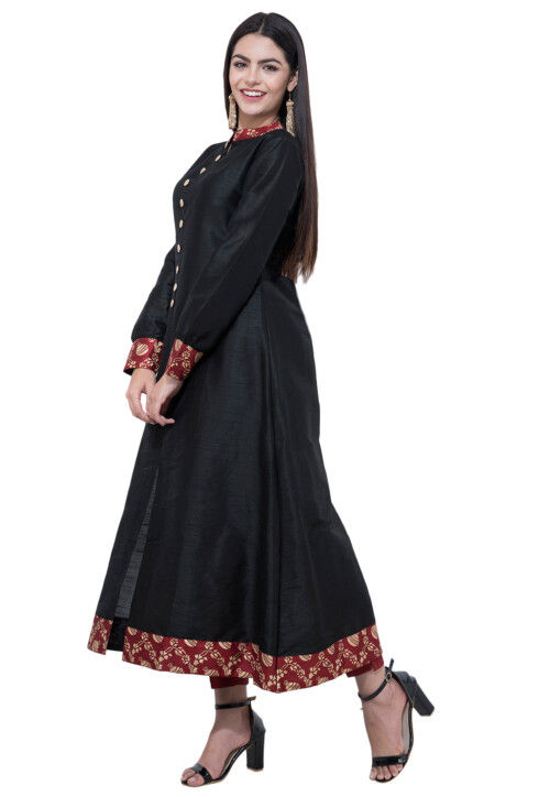 Buy Foil Printed Dupion Silk Long Kurta Set in Black Online : TVE1772 ...