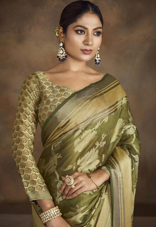 Buy Foil Printed Georgette Brasso Saree in Light Olive Green Online ...