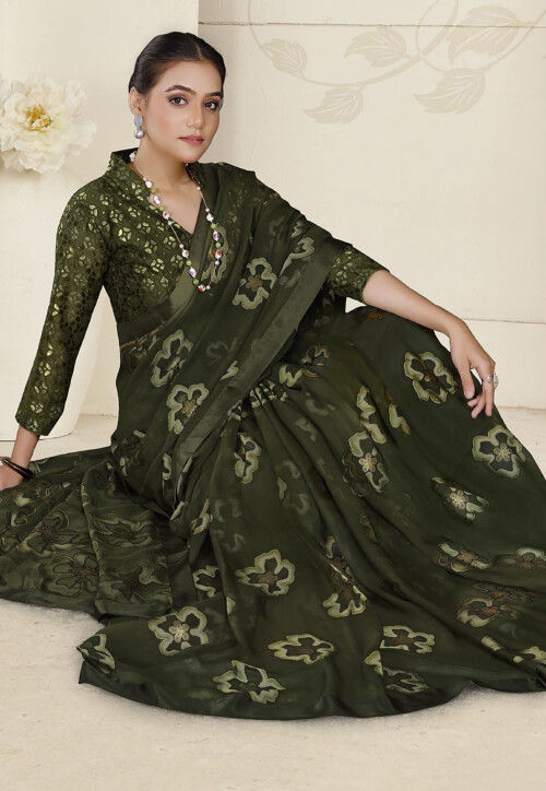 Buy Foil Printed Organza Brasso Saree in Olive Green Online : SSEA3024 ...