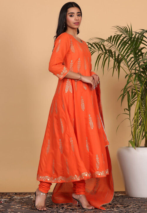 Buy Foil Printed Pure Cotton Aline Suit in Orange Online : KXH421 ...