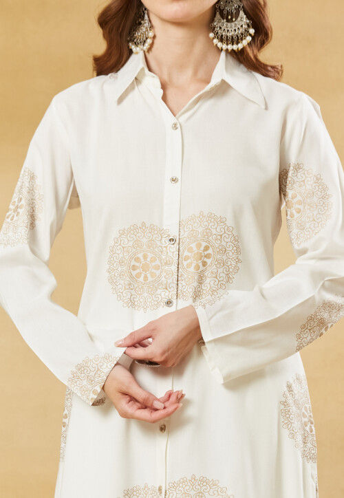 Buy Foil Printed Viscose Rayon Straight Kurta Set in Off White Online ...