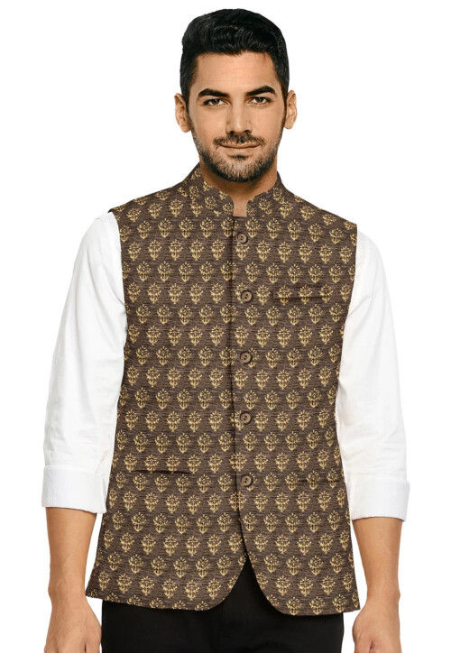 Buy Golden Printed Art Silk Nehru Jacket in Light Brown Online ...