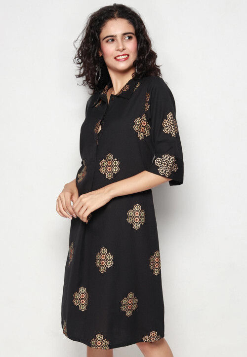 Buy Golden Printed Pure Cotton Aline Dress in Black Online : TCY113 ...