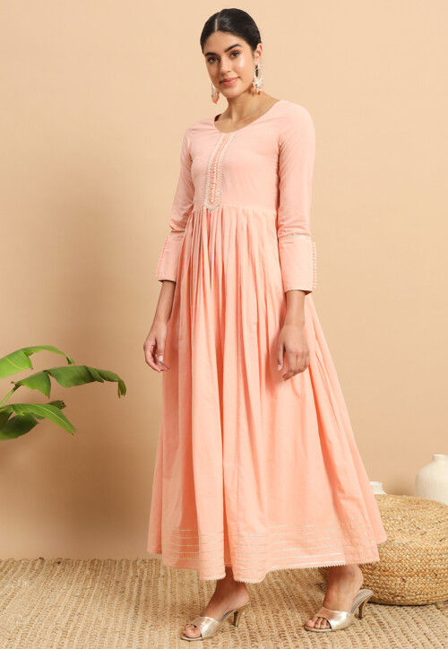 Buy Gota Lace Cotton Long Kurta in Peach Online : TWJ5546 - Utsav Fashion