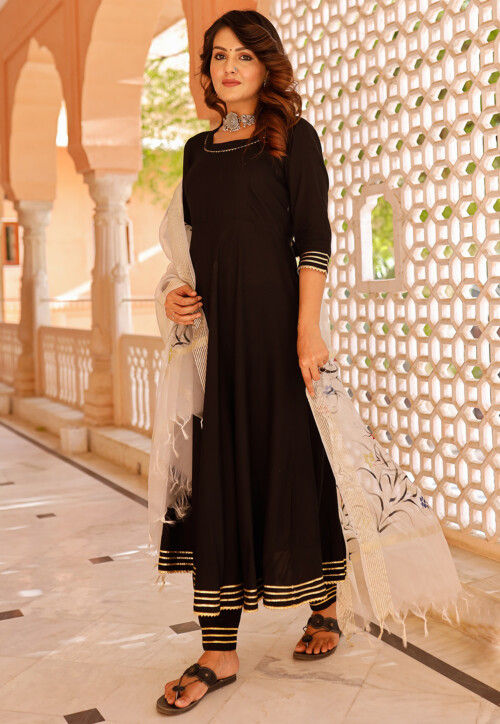 Buy Gota Work Rayon A Line Suit in Black Online : KMM341 - Utsav Fashion