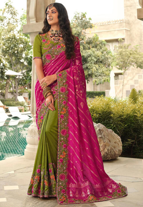 Buy Half N Half Art Silk Saree in Fuchsia and Light Green Online ...