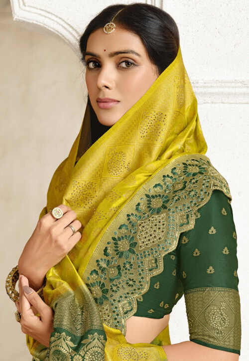 Buy Half N Half Art Silk Saree in Yellow and Dark Green Online ...