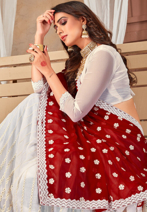 Buy Half N Half Georgette Saree in Red and White Online : SCBA4908 ...