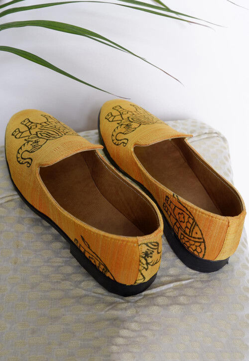 Buy Hand Block Printed Art Silk Mojari in Mustard Online : JJM128 ...
