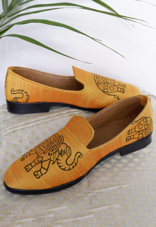 Buy Hand Block Printed Art Silk Mojari in Mustard Online : JJM128 ...