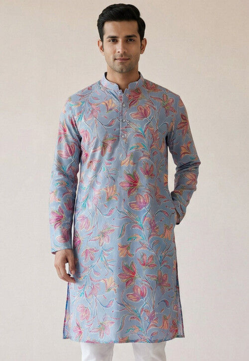 Buy Hand Block Printed Cotton Kurta in Grey Online : MTE2882 - Utsav ...
