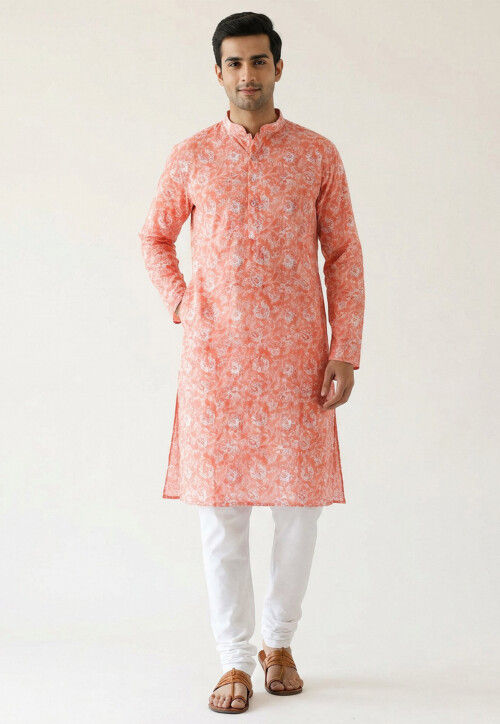 Buy Hand Block Printed Cotton Kurta in Peach Online : MTE2880 - Utsav ...
