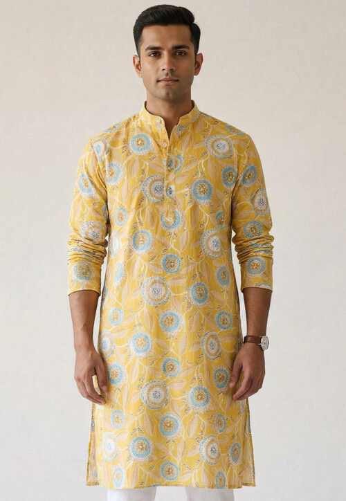 Buy Hand Block Printed Cotton Kurta in Yellow Online : MTE2869 - Utsav ...