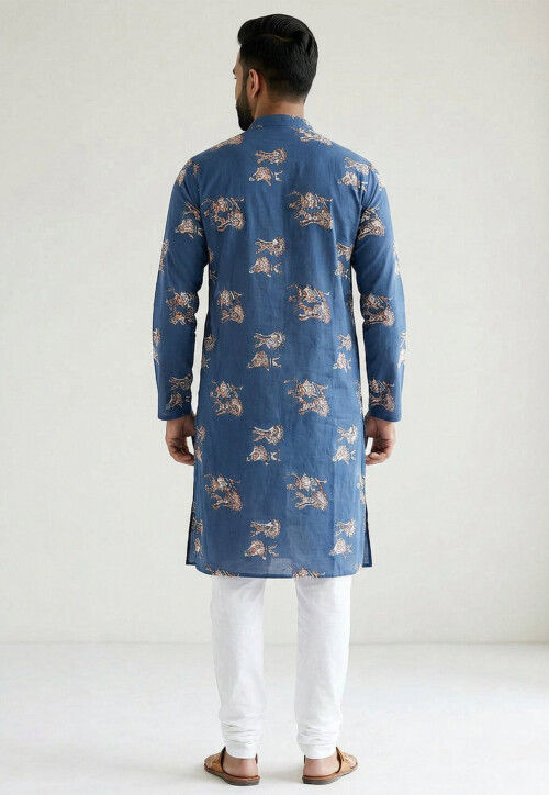 Buy Hand Block Printed Cotton Kurta Set in Navy Blue Online : MTE2885 ...
