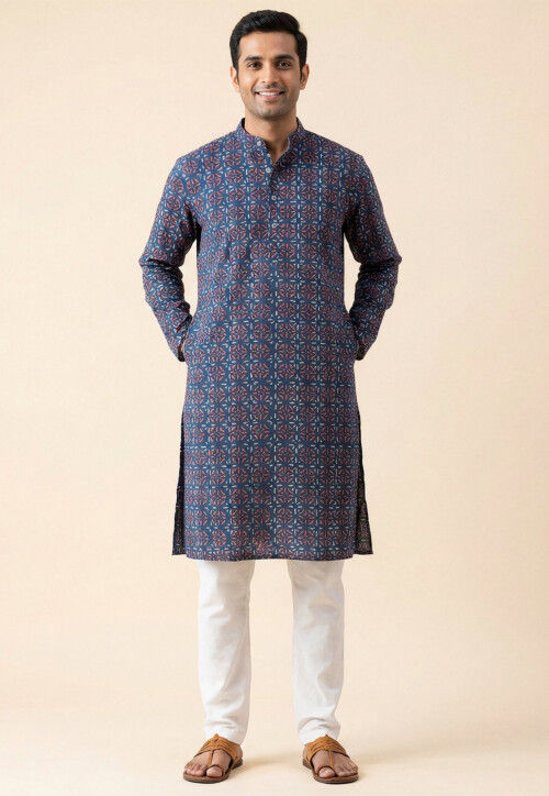 Buy Hand Block Printed Cotton Kurta Set in Navy Blue Online : MTE2890 ...
