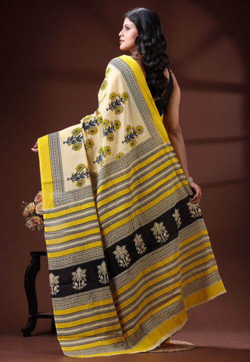 Buy Hand Block Printed Cotton Saree in Beige Online : SBY1259 - Utsav ...
