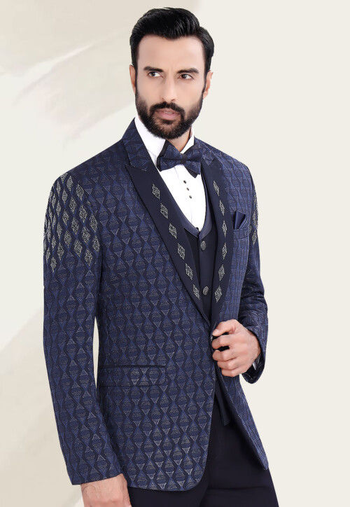 Buy Hand Embellished Terry Rayon Jacquard Blazer in Navy Blue Online ...