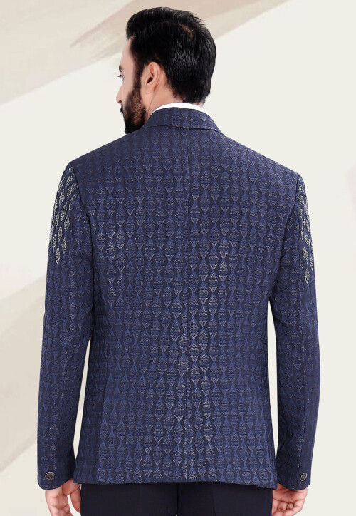 Buy Hand Embellished Terry Rayon Jacquard Blazer in Navy Blue Online ...