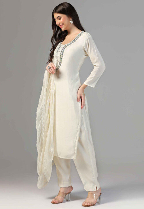 Buy Hand Embroidered Chanderi Cotton Pakistani Suit in Cream Online ...