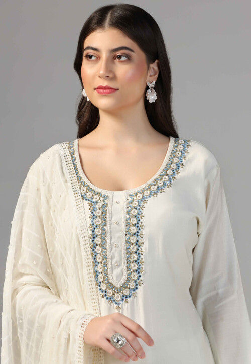 Buy Hand Embroidered Chanderi Cotton Pakistani Suit in Cream Online ...