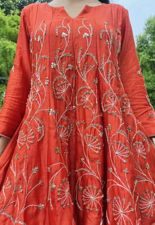 Buy Hand Embroidered Chanderi Silk Anarkali Suit in Rust Online ...