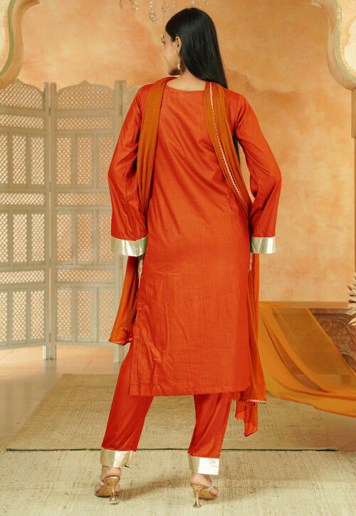 Buy Hand Embroidered Cotton Pakistani Suit in Orange Online : KUFC291 ...