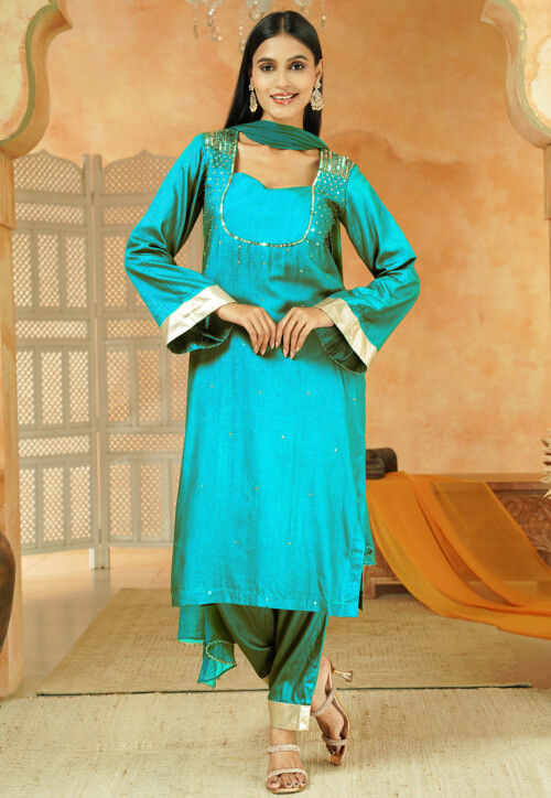 Buy Hand Embroidered Cotton Pakistani Suit in Teal Blue Online ...