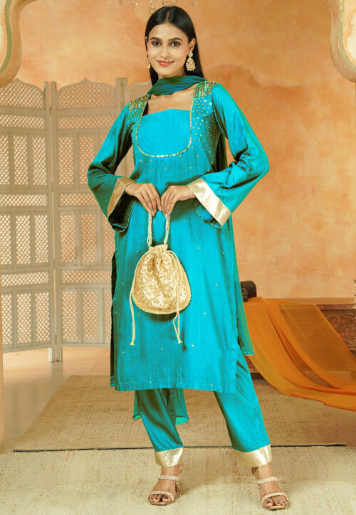 Buy Hand Embroidered Cotton Pakistani Suit in Teal Blue Online ...