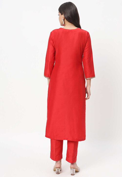 Hand Embroidered Cotton Silk Straight Kurta Set in Red : TBY462