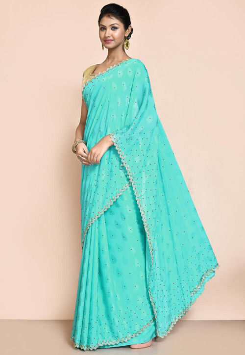 Buy Hand Embroidered Chiffon Jacquard Saree in Turquoise Online ...