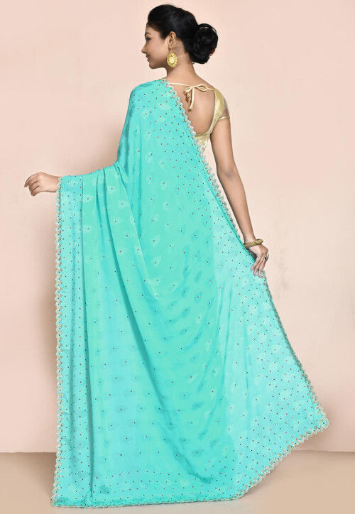 Buy Hand Embroidered Chiffon Jacquard Saree in Turquoise Online ...