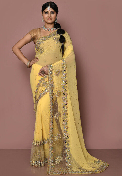 Buy Hand Embroidered Georgette and Net Saree in Yellow Online : SAR1652 ...
