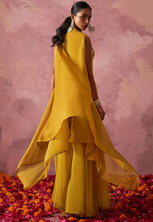 Buy Hand Embroidered Georgette Crop Top Set in Mustard Online : TCH485 ...
