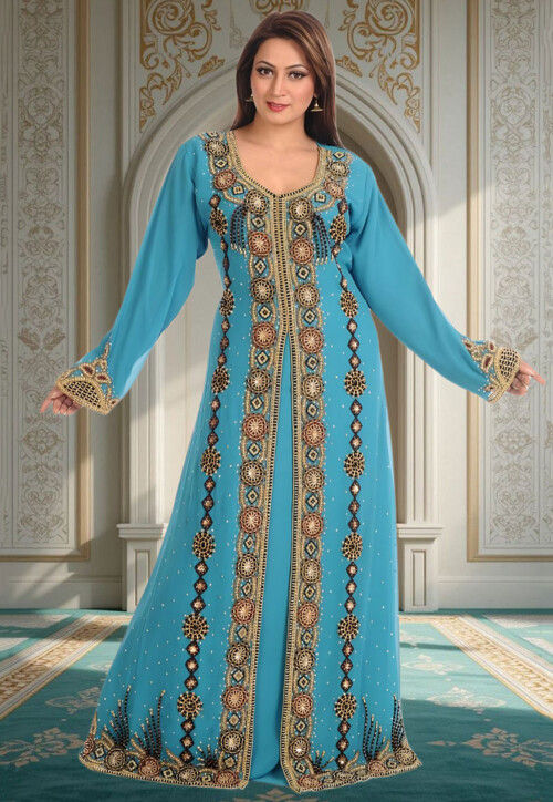 Buy Hand Embroidered Georgette Moroccan Abaya in Light Blue Online ...