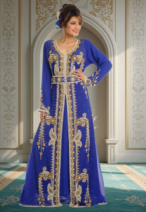Buy Hand Embroidered Georgette Moroccan Abaya in Royal Blue Online ...