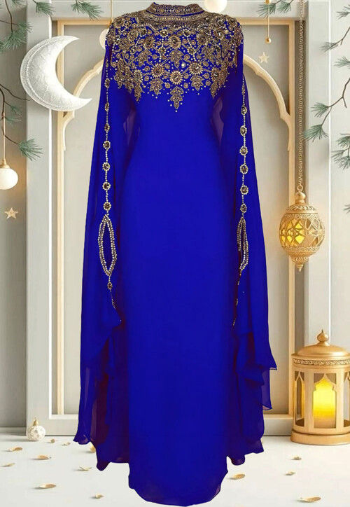 Buy Hand Embroidered Georgette Moroccan Kaftan in Royal Blue Online ...