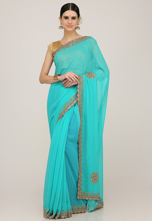 Hand Embroidered Georgette Saree in Turquoise : SAR1042