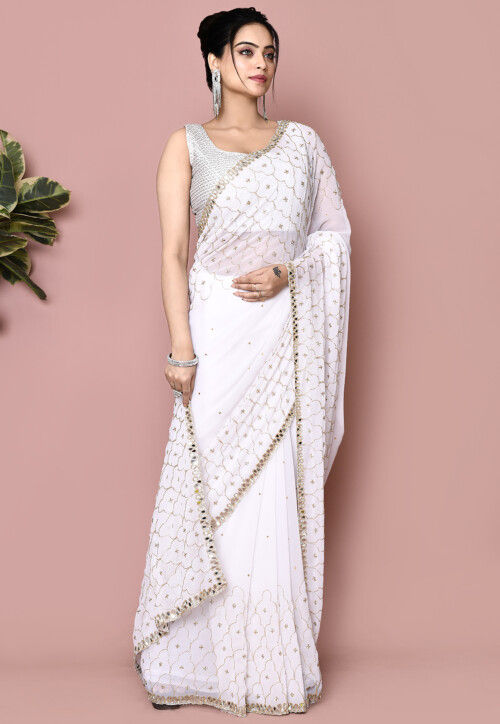 Buy Hand Embroidered Georgette Saree in White Online : SEH4722 - Utsav ...